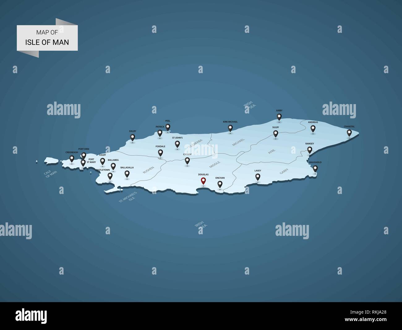 Isometric 3D Isle of Man map, vector illustration with cities, borders ...