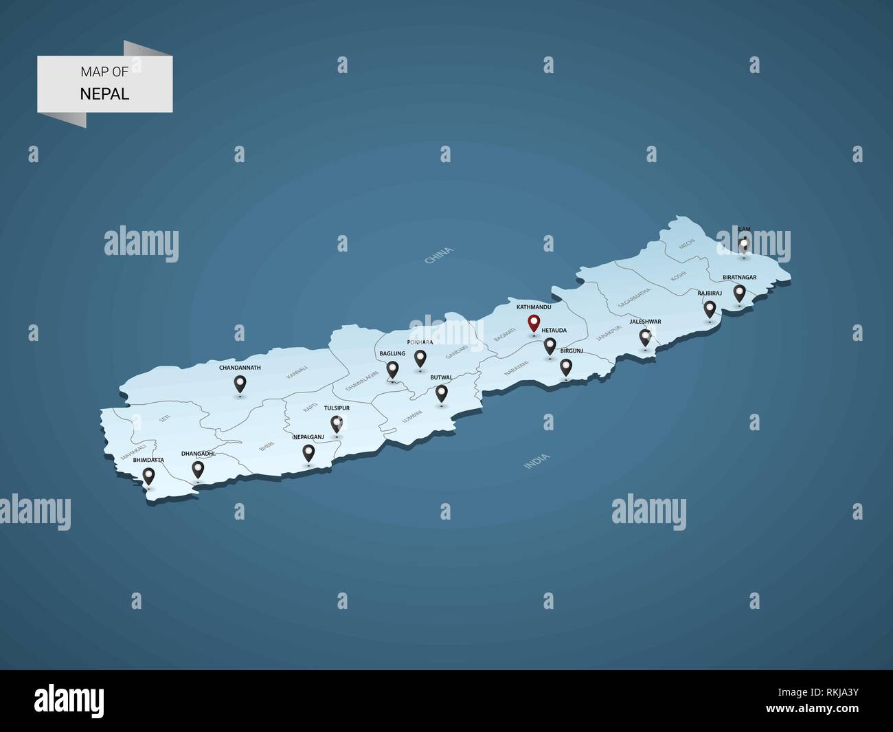 Isometric 3D Nepal map, vector illustration with cities, borders ...