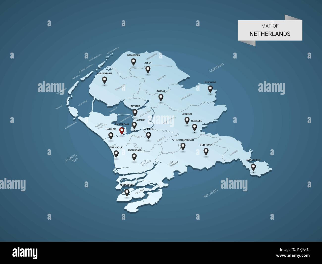 Isometric 3D Netherlands map, vector illustration with cities, borders ...