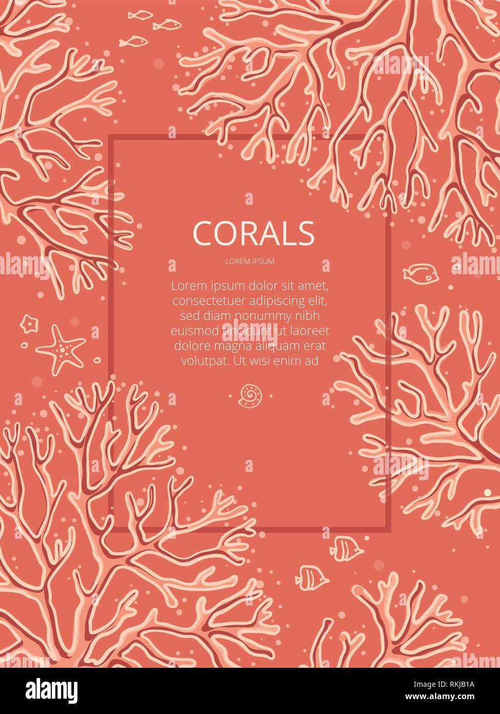 Design template with hand-drawn corals on a living coral background ...