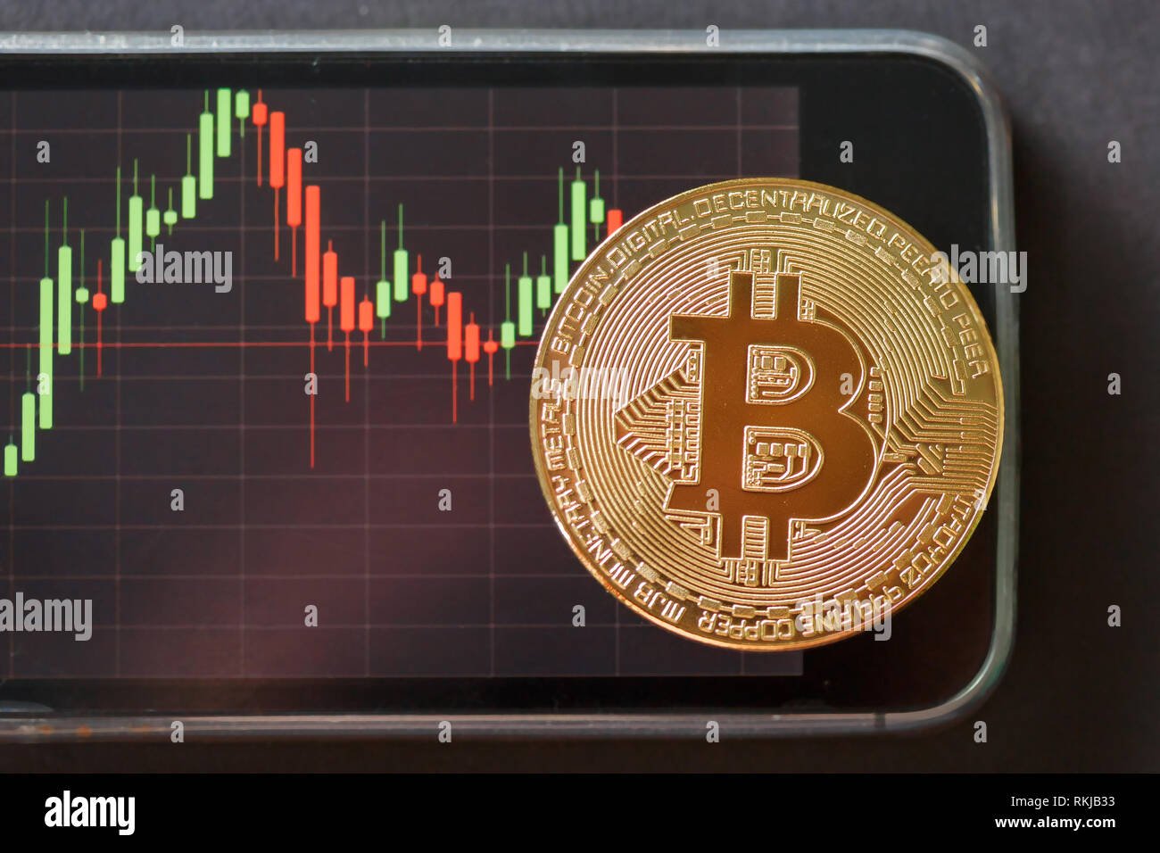 Bitcoin gold coin and chart background. Virtual cryptocurrency concept ...