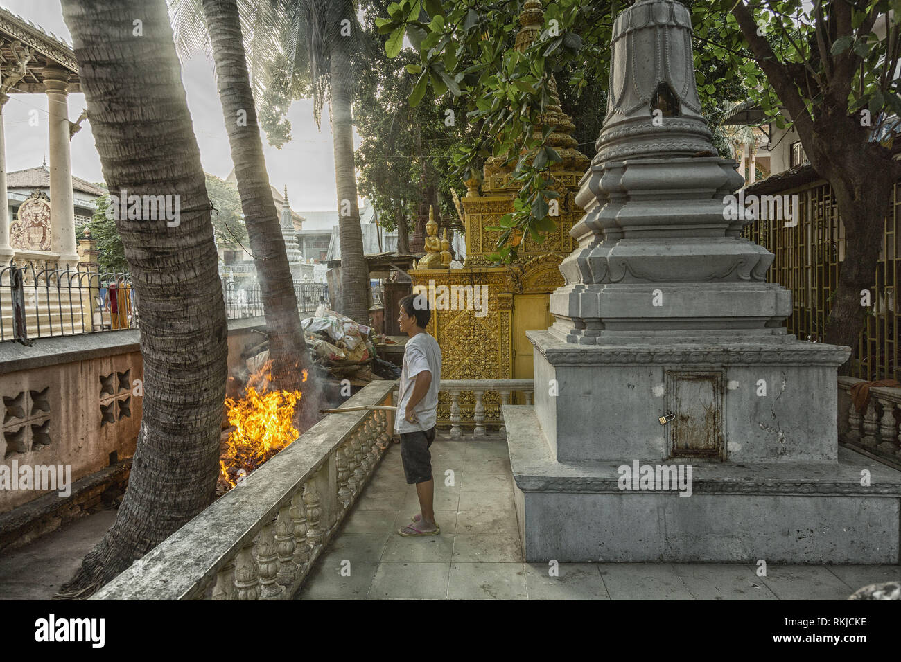 Buddhist monastery style design architecture exterior man sunset fire ...