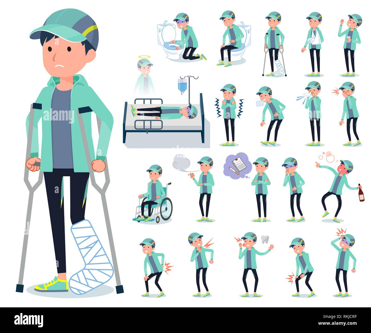A set of men in sportswear with injury and illness.There are actions ...