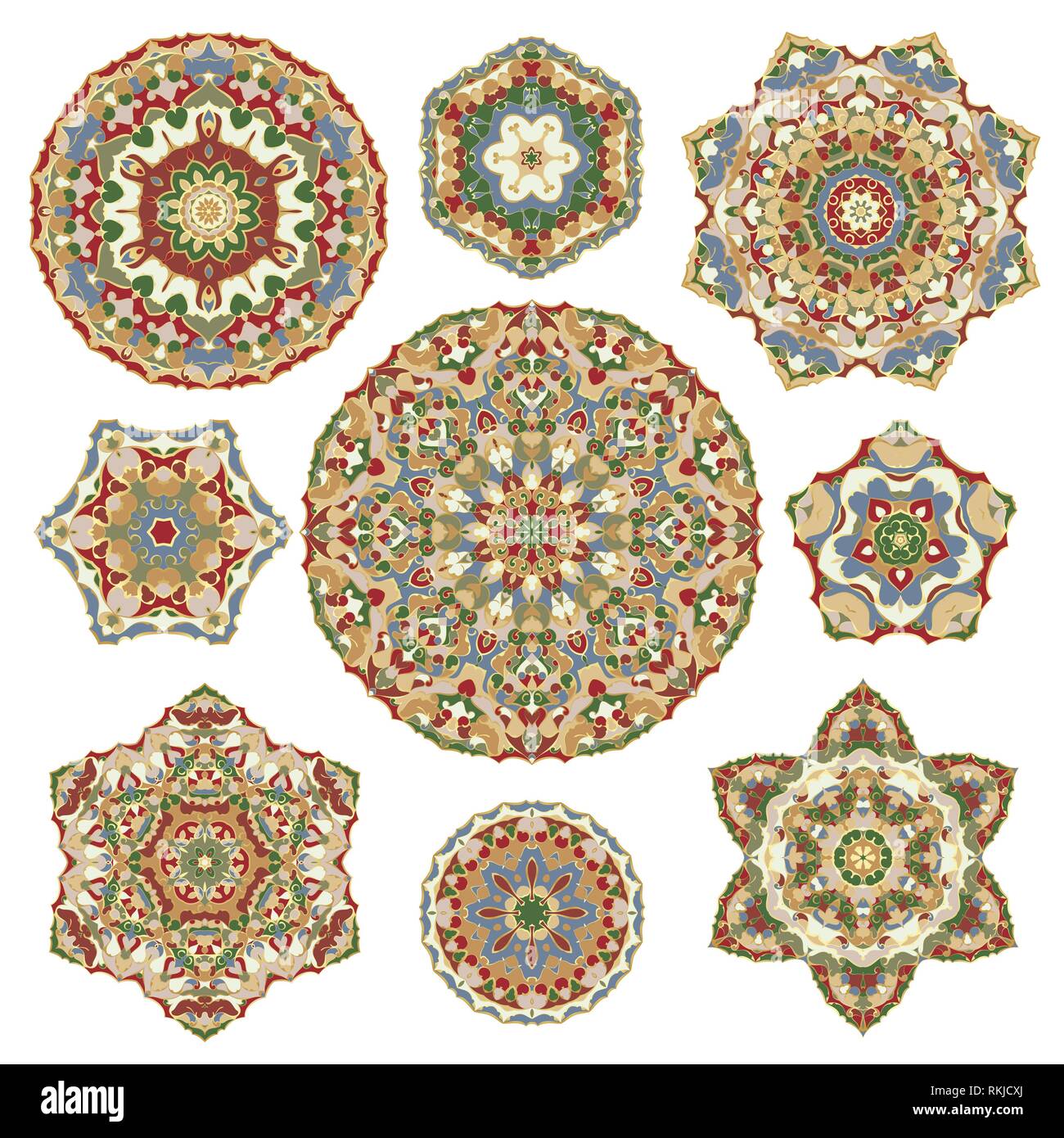 Set of nine abstract circular elements. Round colorful mandalas ...