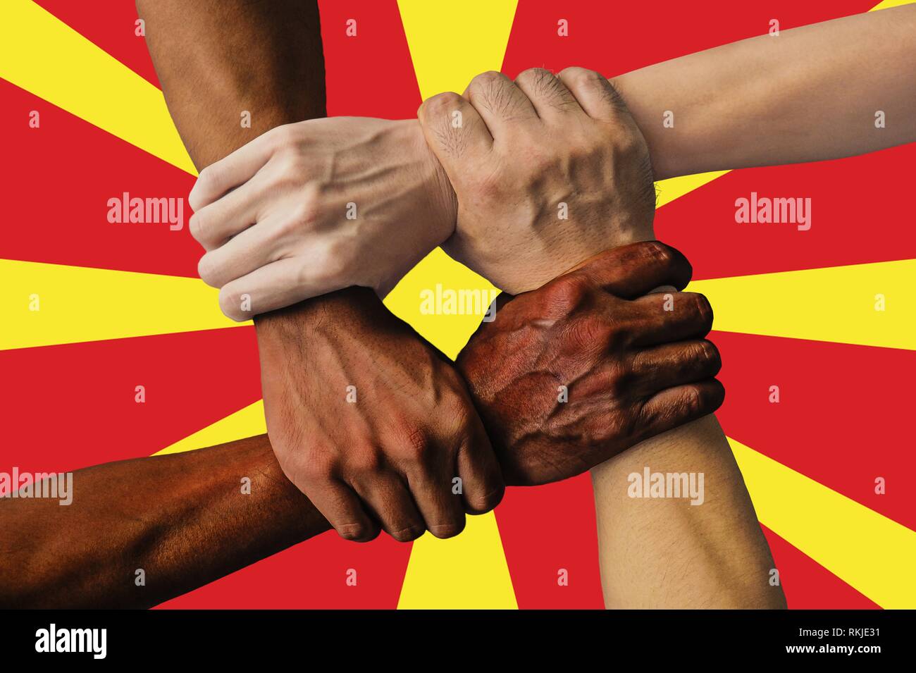 Macedonia flag, intergration of a multicultural group of young people ...