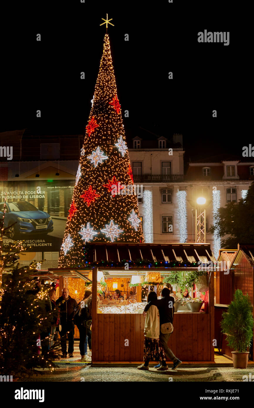 Christmas tree and market in Praca da Figueira, Lisbon, Portugal Stock ...