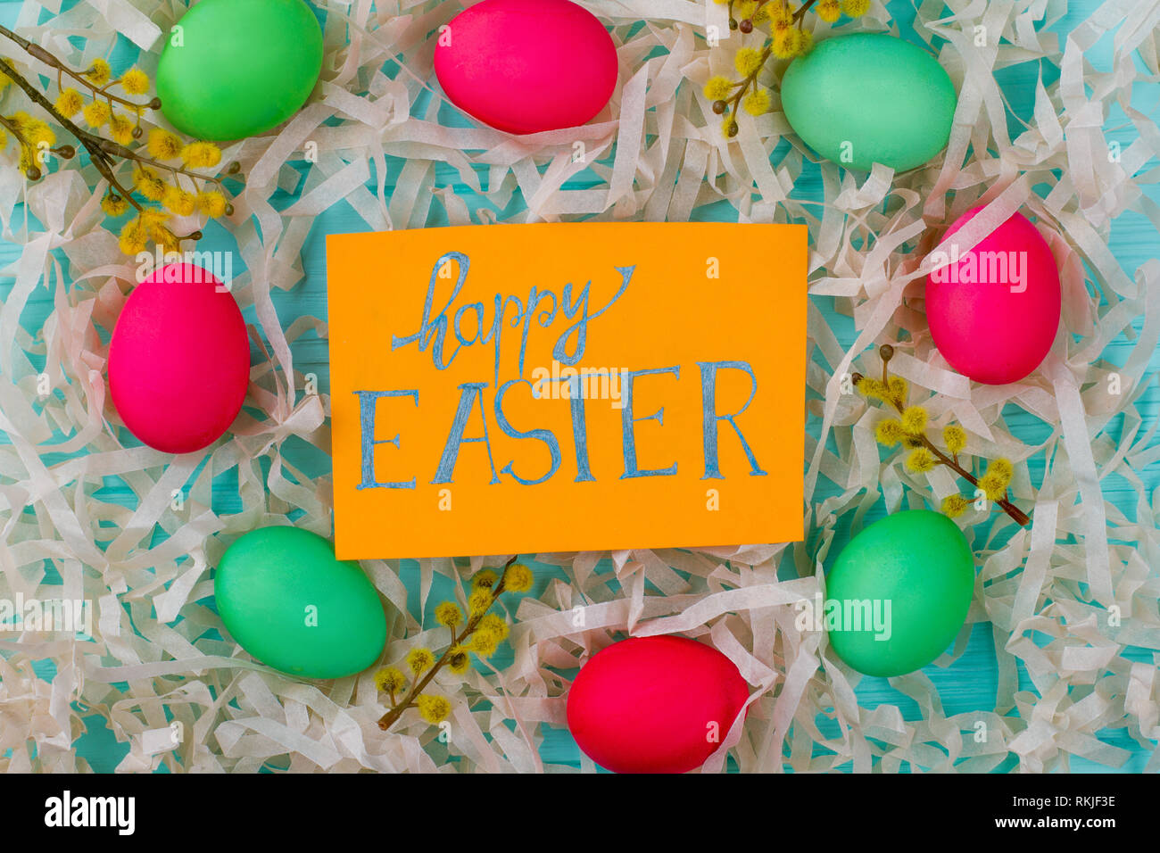 Happy Easter background with common attributes Stock Photo - Alamy