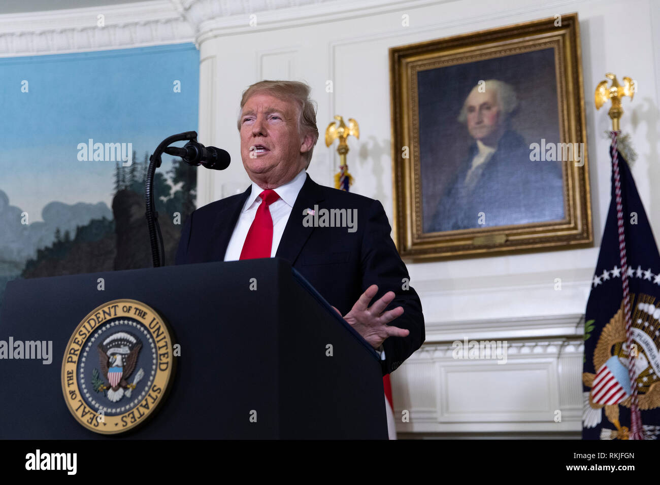 US President Donald Trump delivers remarks in the Diplomatic Reception ...