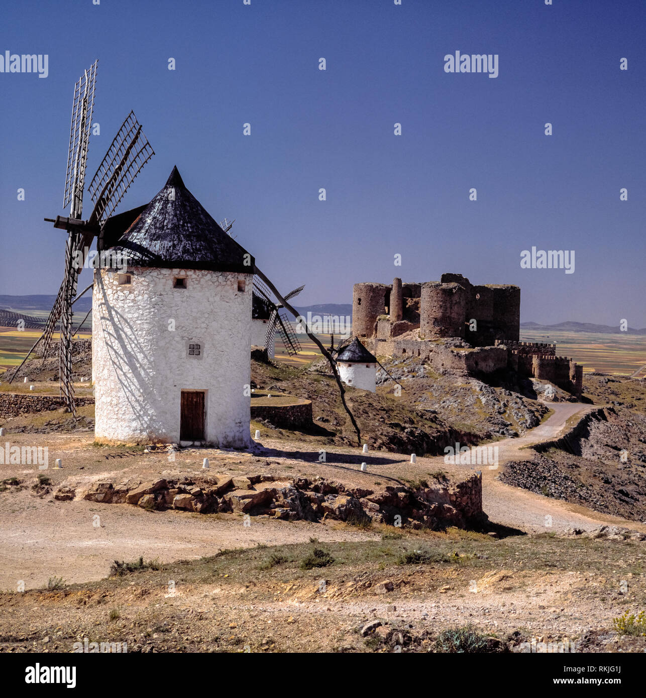 Windmills and the Castle. Consuegra (Toledo) Spain Stock Photo - Alamy