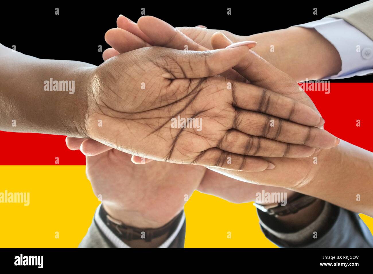 Germany flag, intergration of a multicultural group of young people ...
