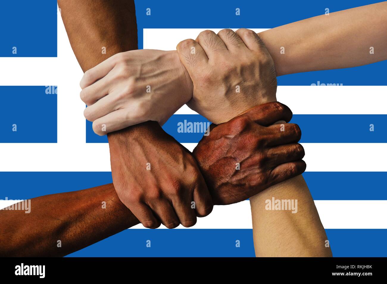 Greece flag, intergration of a multicultural group of young people ...