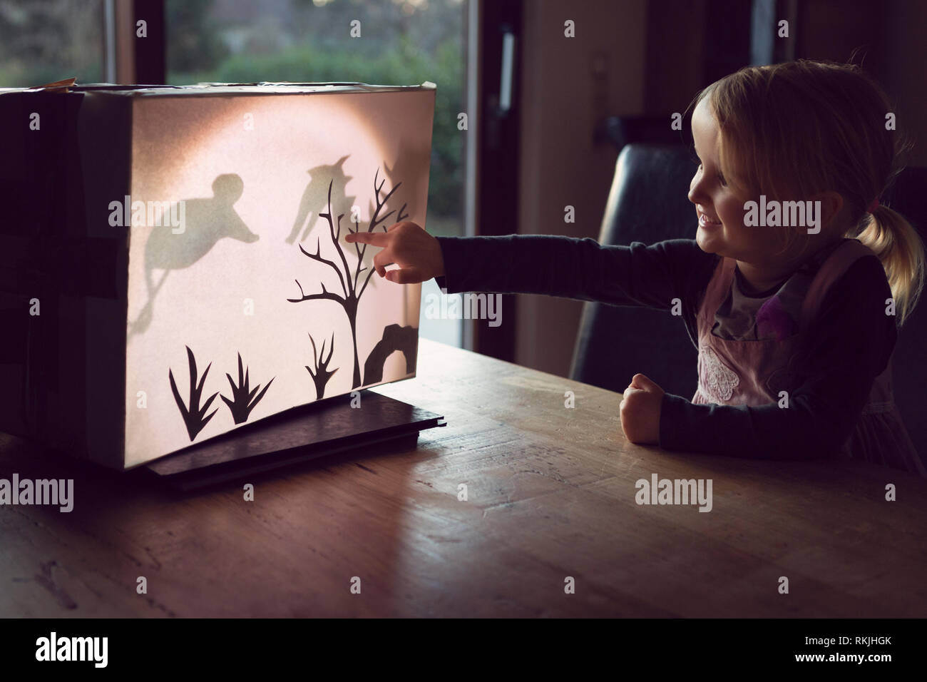 Child playing with homemade shadow puppet theatre Stock Photo - Alamy