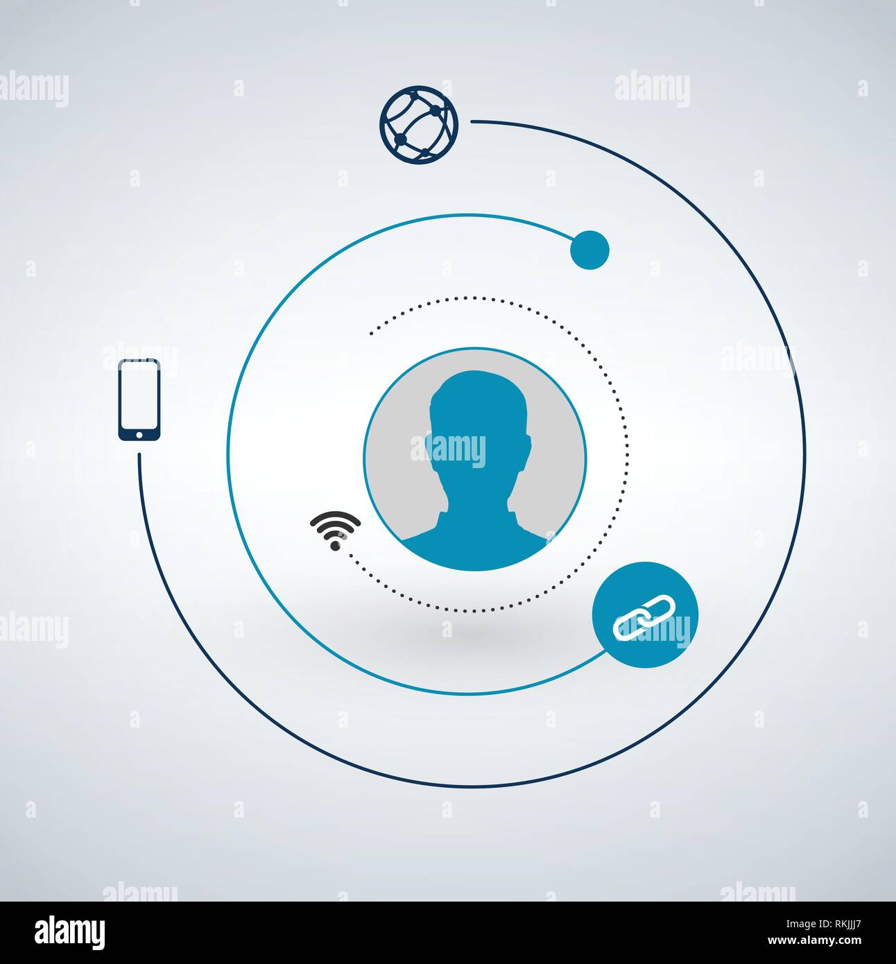 user head and circles around him with technology or gadget icons ...