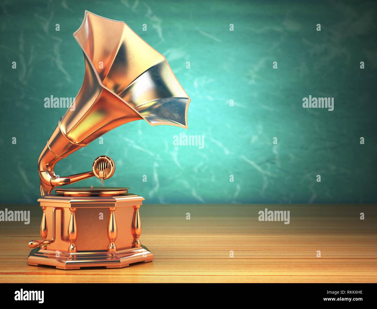 Gold vintage gramophone on green background. 3d illustration Stock ...