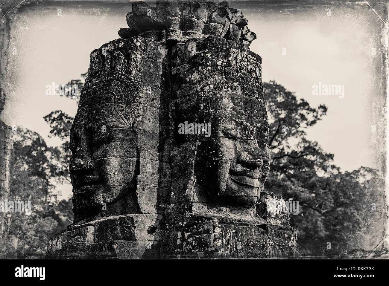 Black And White Photos Of Bayon Temple In Siem Reap Cambodia Stock