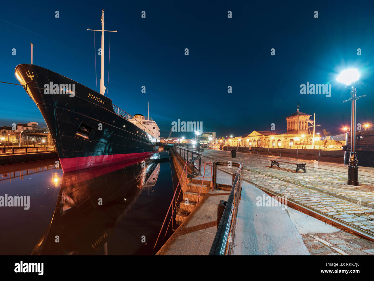 Night view of new Fingal floating hotel in Leith docks, Edinburgh ...