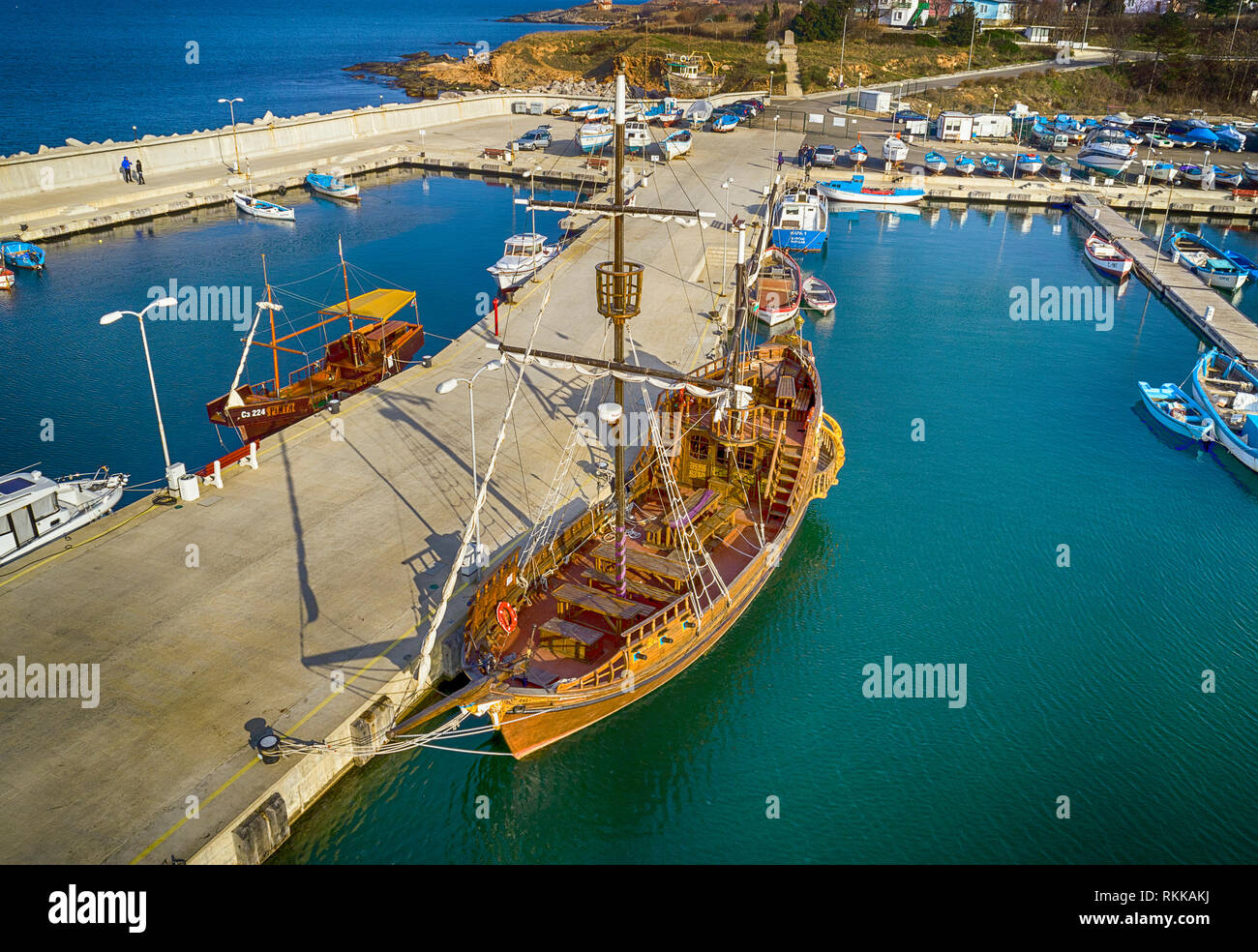 Drone view on boats and yachts at the pier in the seaport of ...