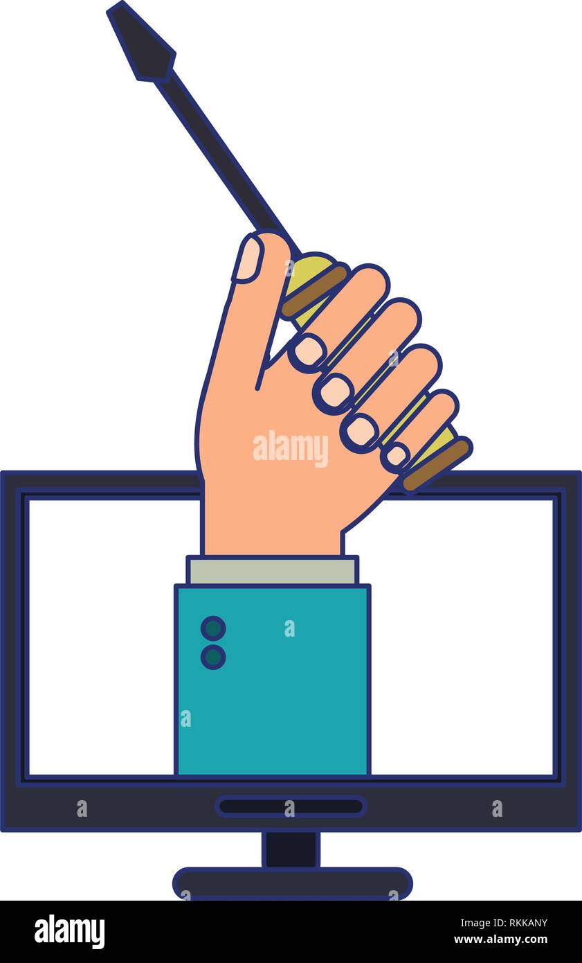 hand with screwdriver on computer screen blue lines Stock Vector Image ...