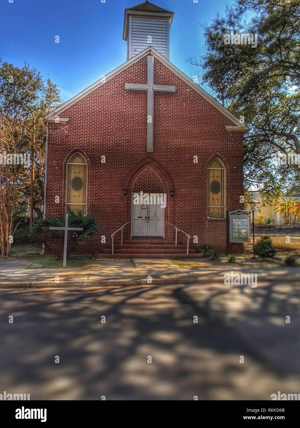 Church, One Level, Big Cross on Front, Plus Another Cross in Ground ...