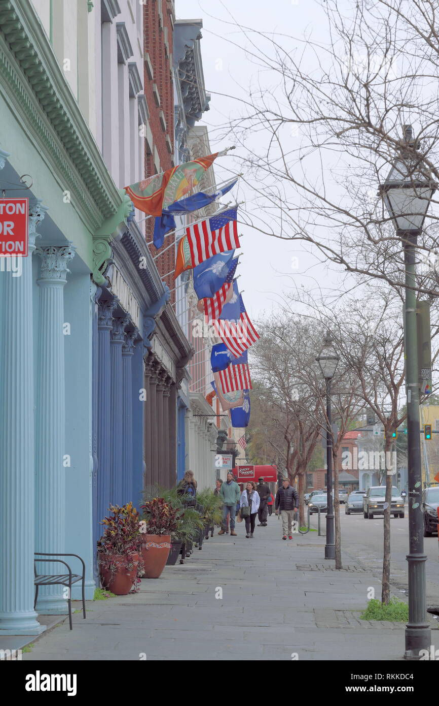 Sidewalk of Restaurants with United States Flags Flying Stock Photo - Alamy