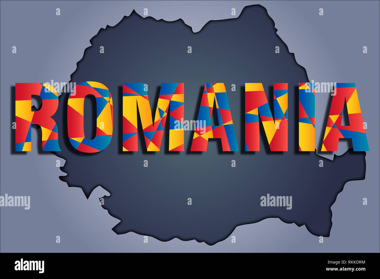 The contours of territory of Romania in grey colours and word Romania ...