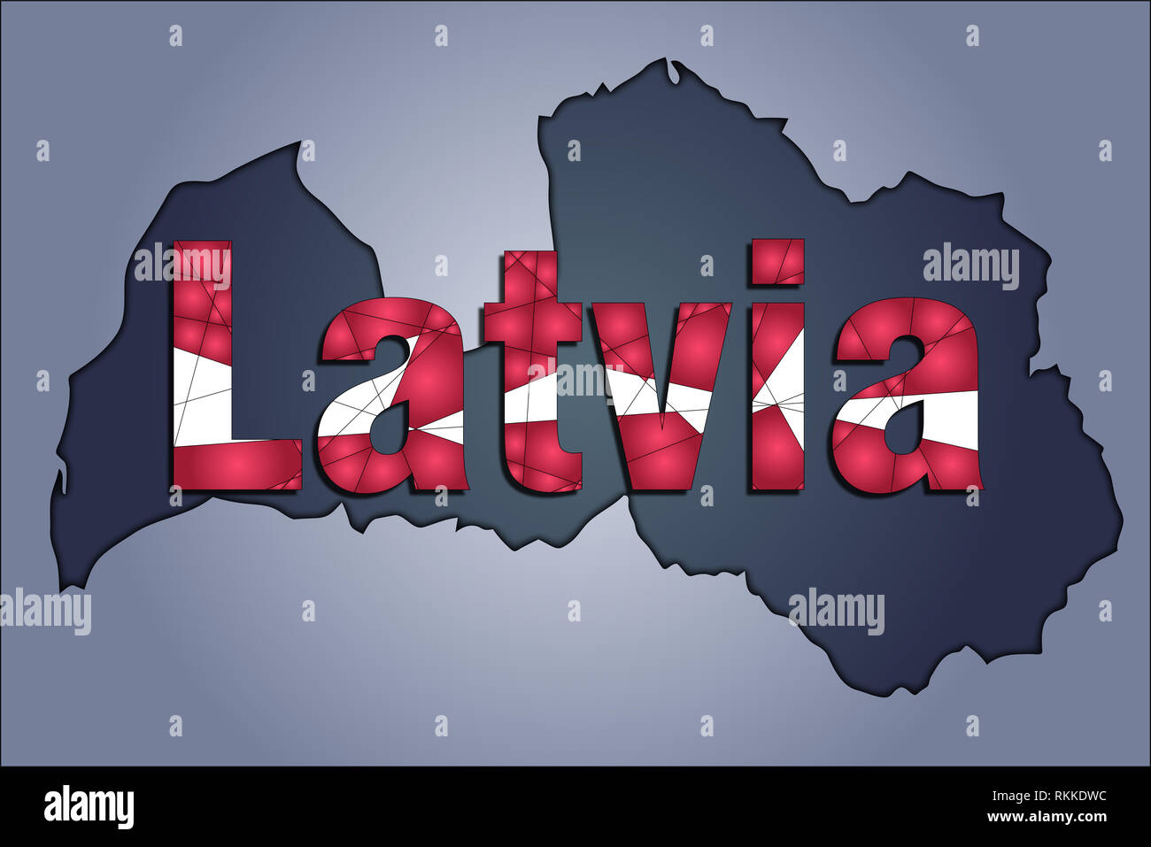 The contours of territory of Latvia in grey colours and word Latvia in ...