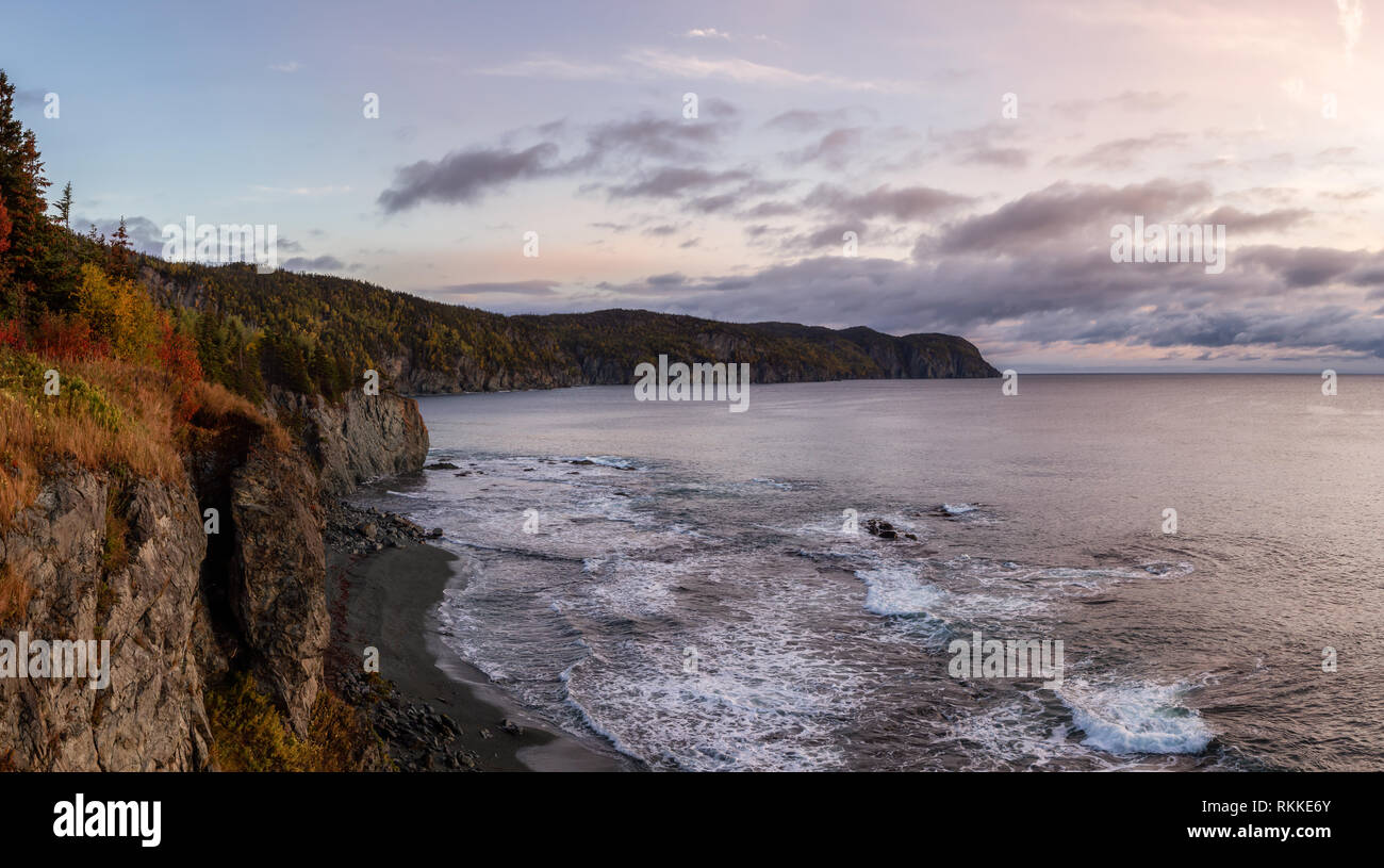 Striking panoramic landscape view of a rocky Atlantic Ocean Coast ...