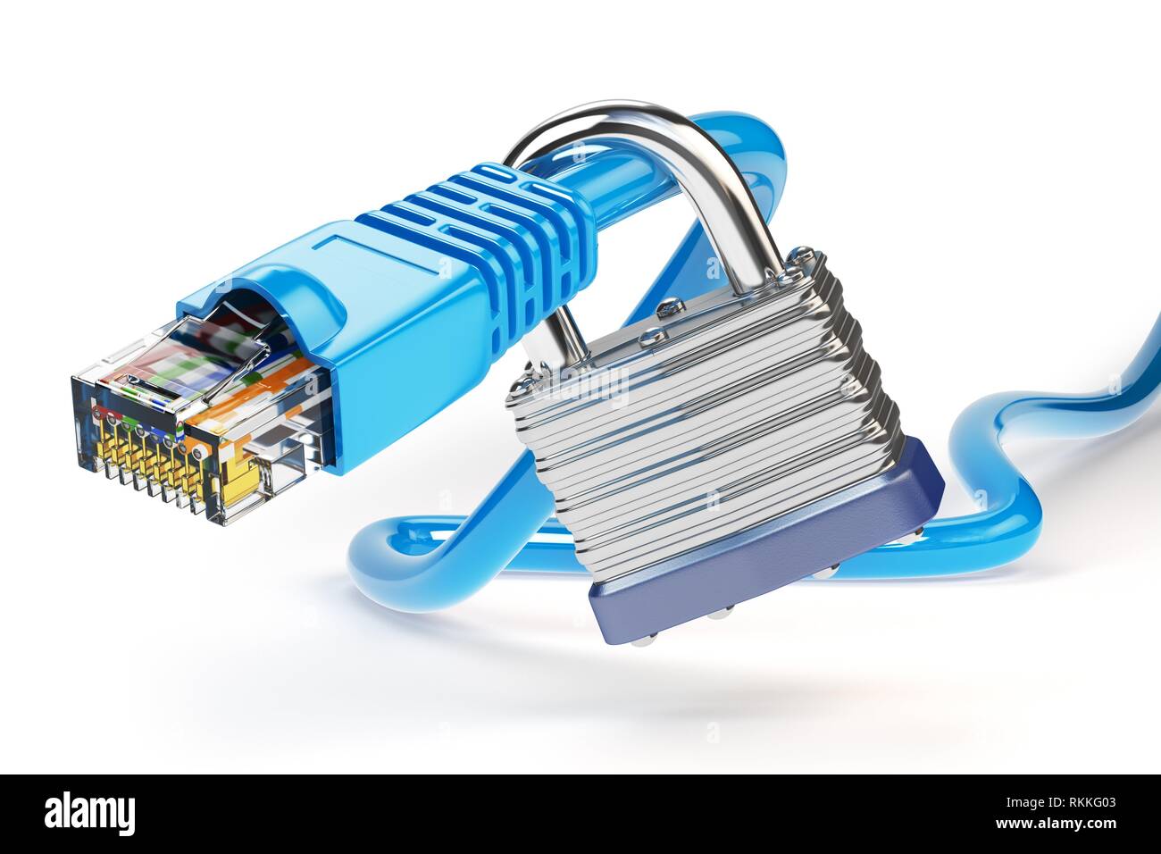 Network ethernet cable locked with padlock isolated on white background ...