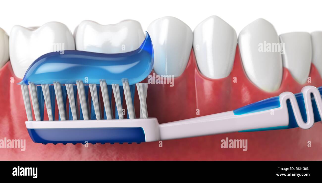 Human teeth and toothbrush with toothpaste. Oral hygiene concept. 3d ...
