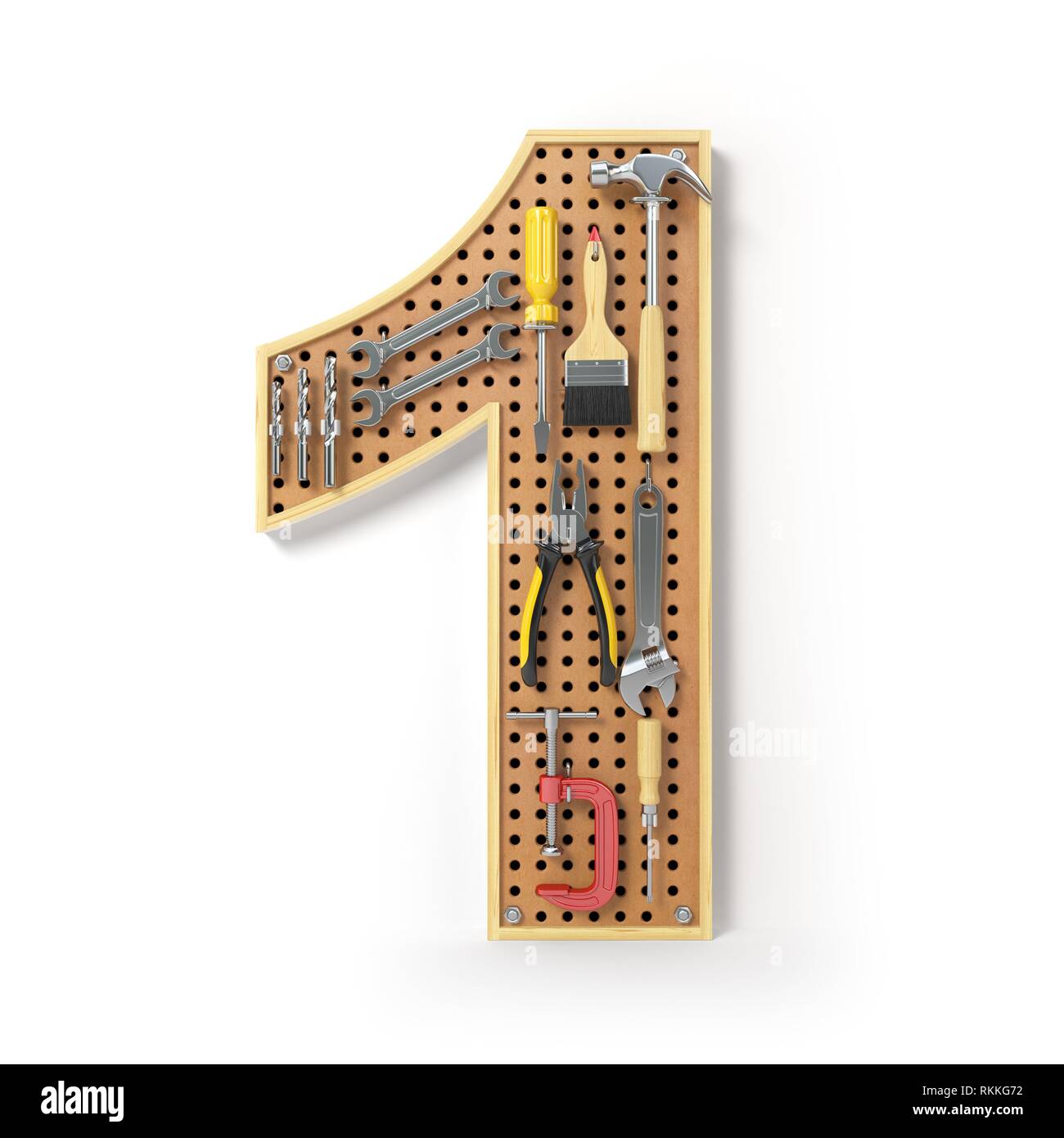 Number 1 one Alphabet from the tools on the metal pegboard isolated on ...