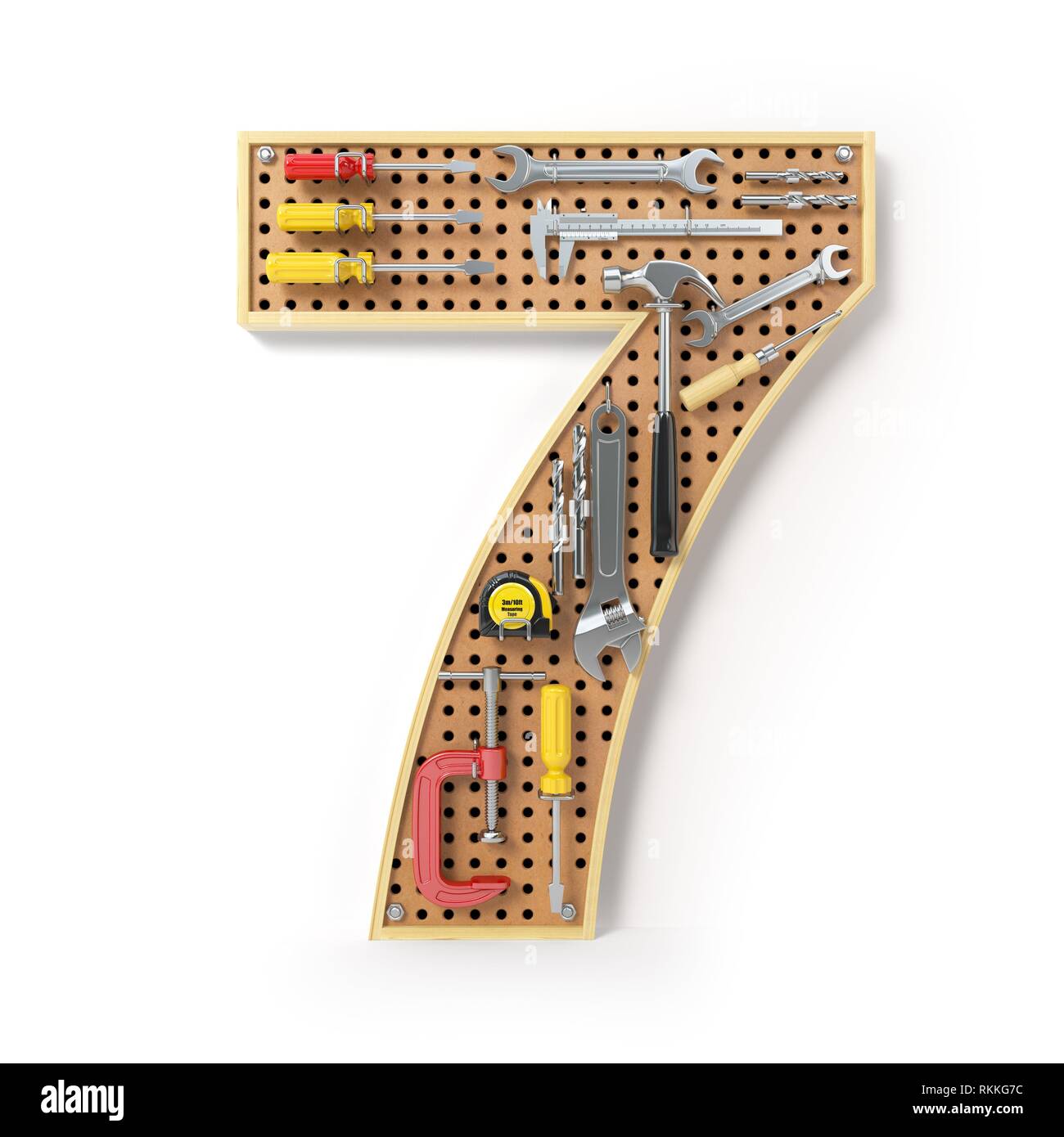 Number 7 seven Alphabet from the tools on the metal pegboard isolated ...