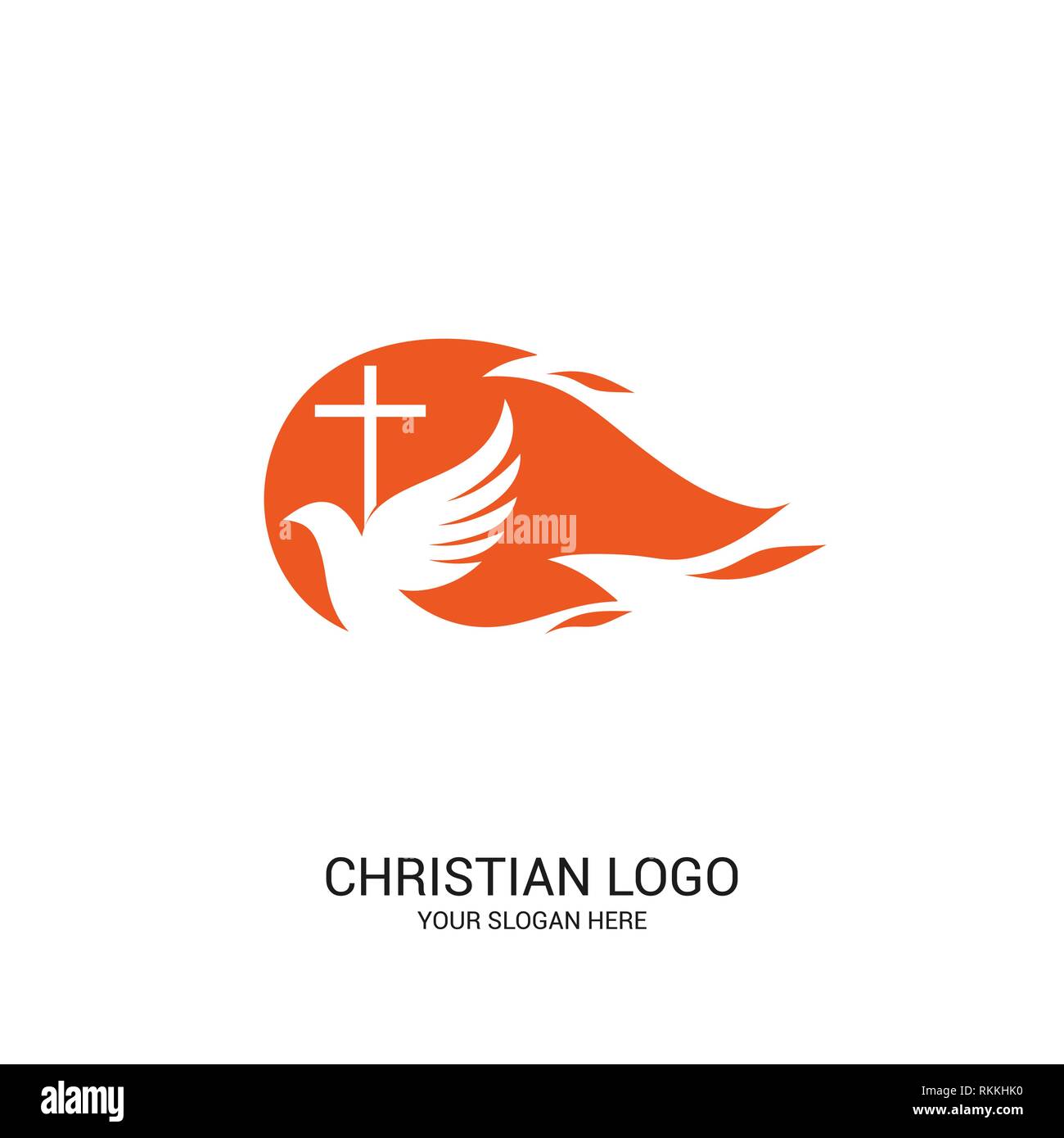 Christian church logo. Bible symbols. The dove and the flame are ...