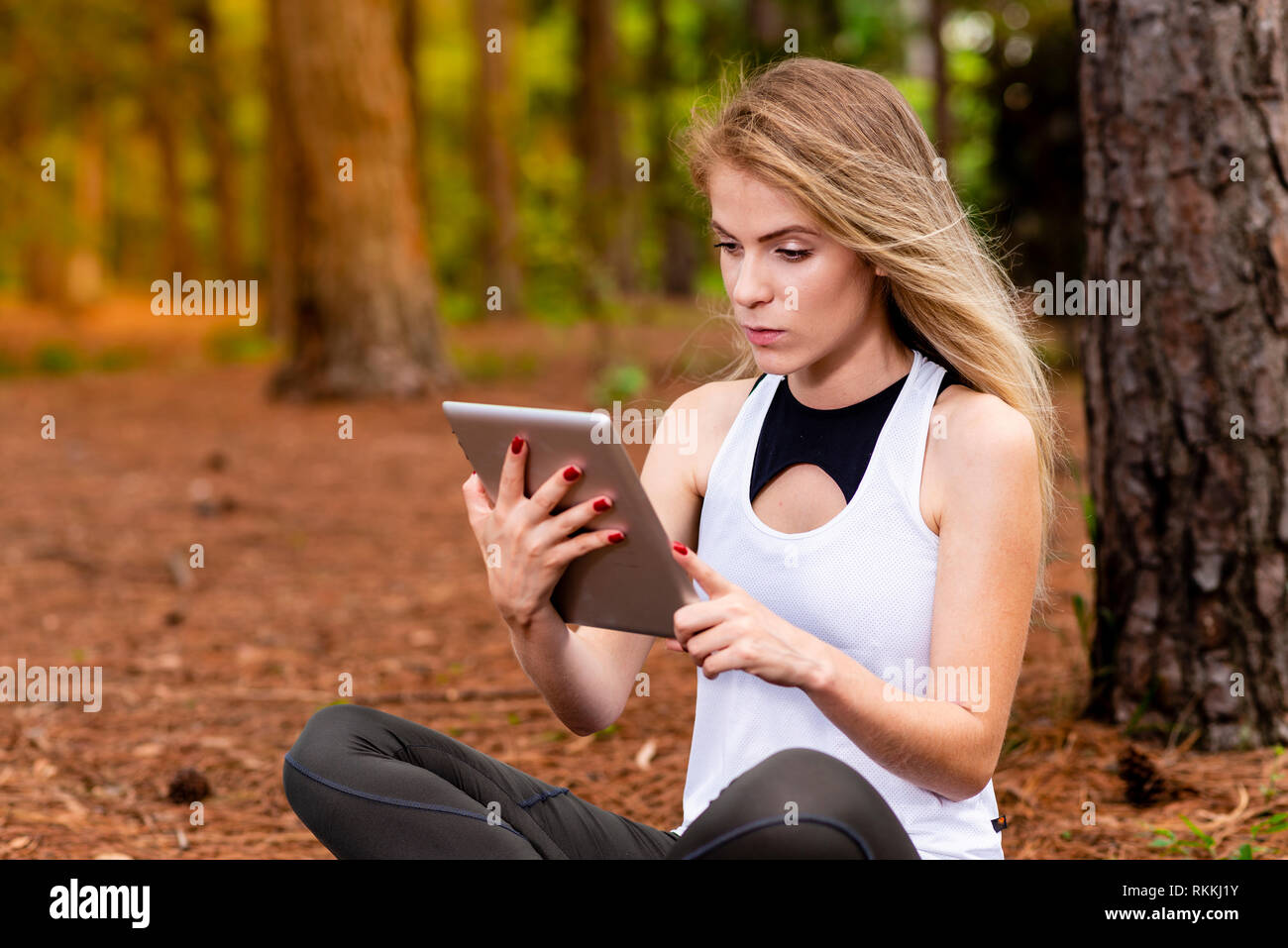 Blonde model sitting on dry sticks reading on her tablet. Background ...