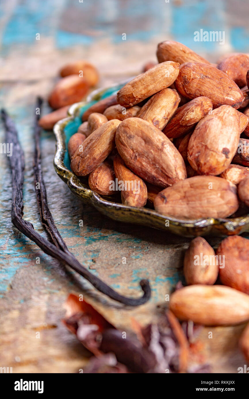 Cocoa or cacao beans and Madagascar vanilla stick, used in hot ...