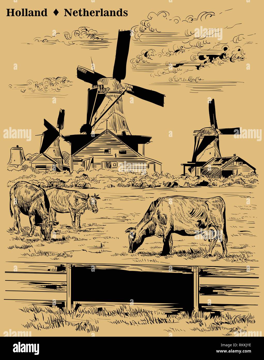 Vector hand drawing Illustration of Landmark watermill in Amsterdam ...