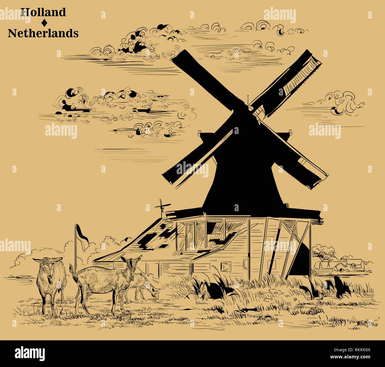 Vector hand drawing Illustration of Landmark watermill in Amsterdam ...