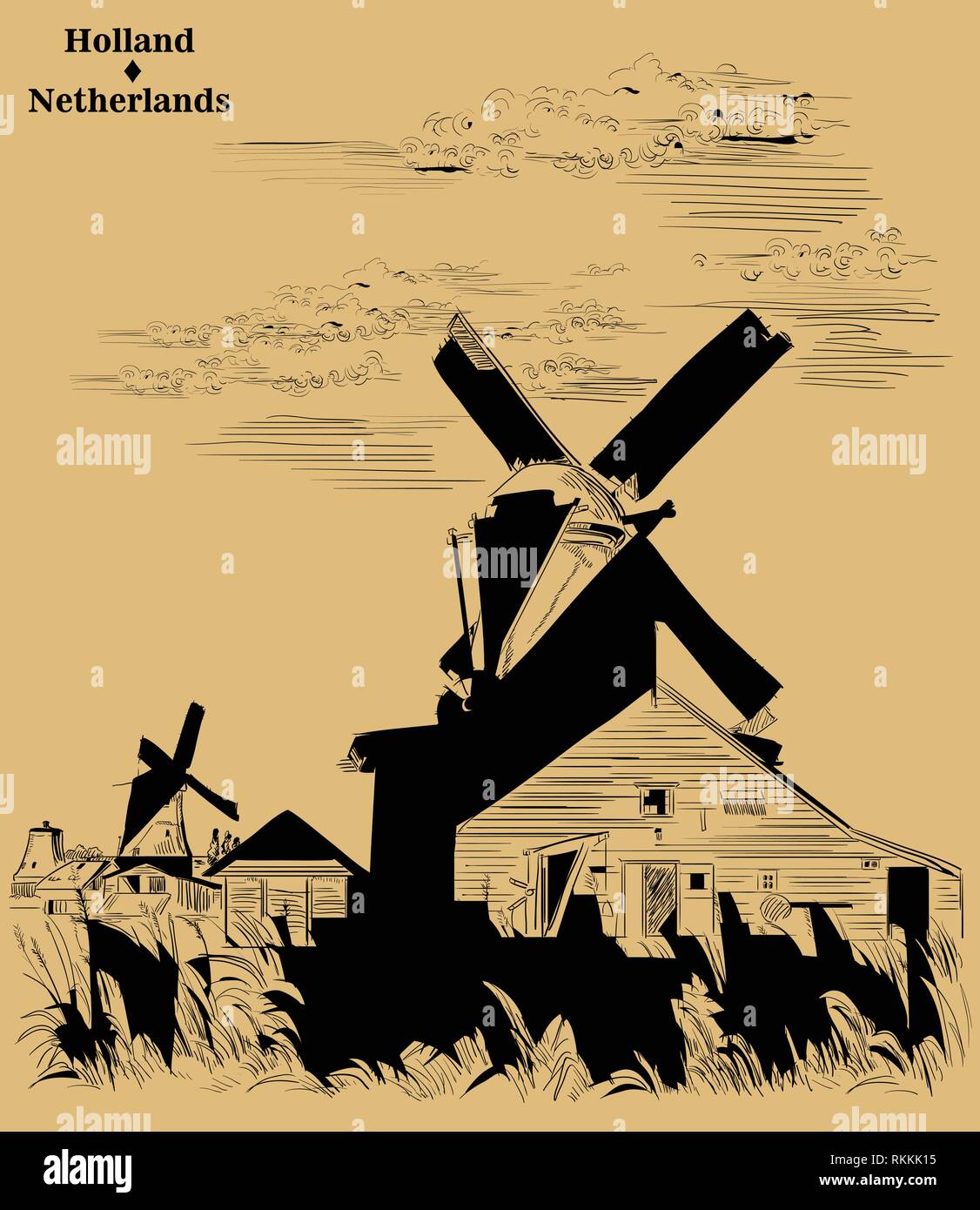 Vector hand drawing Illustration of Landmark watermill in Amsterdam ...