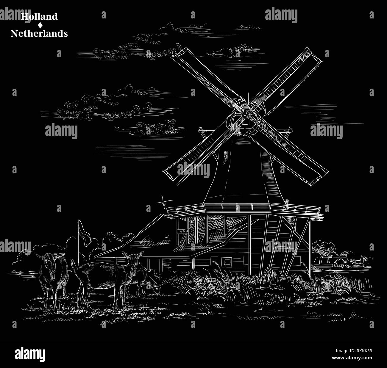 Vector hand drawing Illustration of Landmark watermill in Amsterdam ...