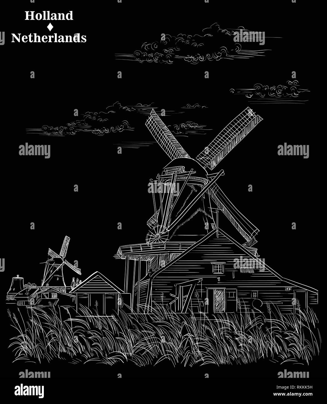 Vector hand drawing Illustration of Landmark watermill in Amsterdam ...