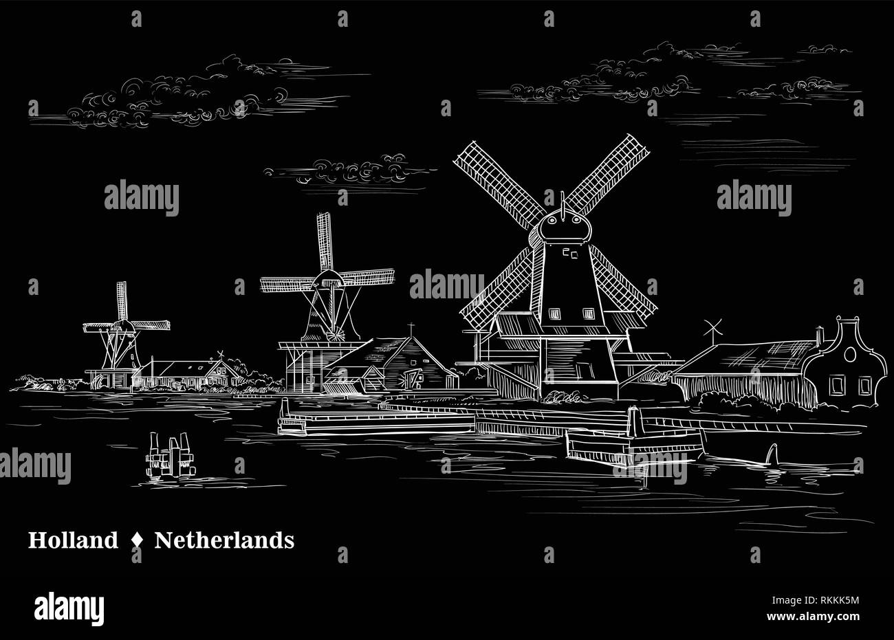Vector hand drawing Illustration of watermill in Amsterdam (Netherlands ...