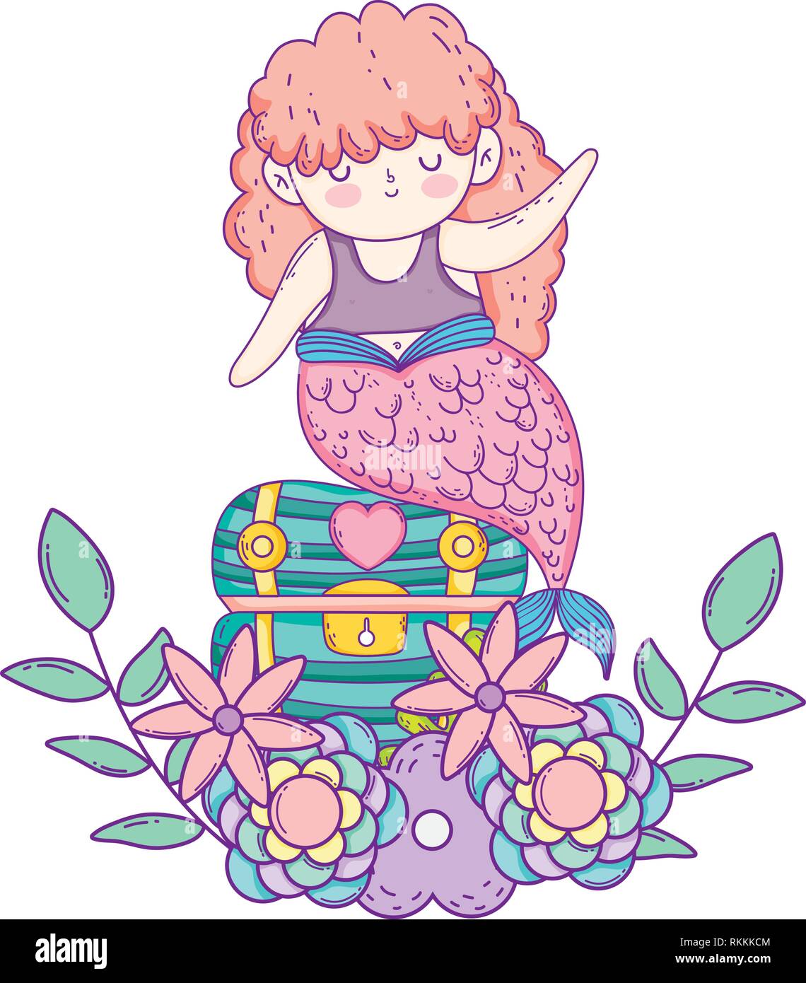 mermaid with treasure chest and flowers Stock Vector Image & Art - Alamy