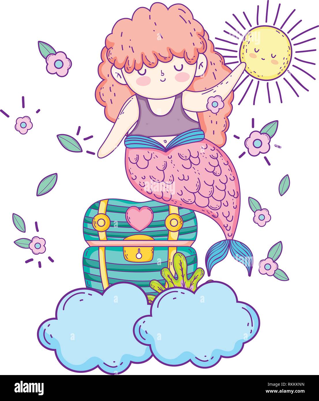 beautiful mermaid with treasure chest in clouds Stock Vector Image ...