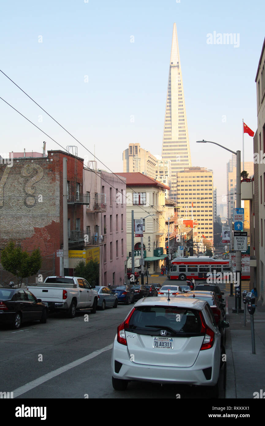 View looking downtown towards Transamerica Pyramid from Clay Street ...