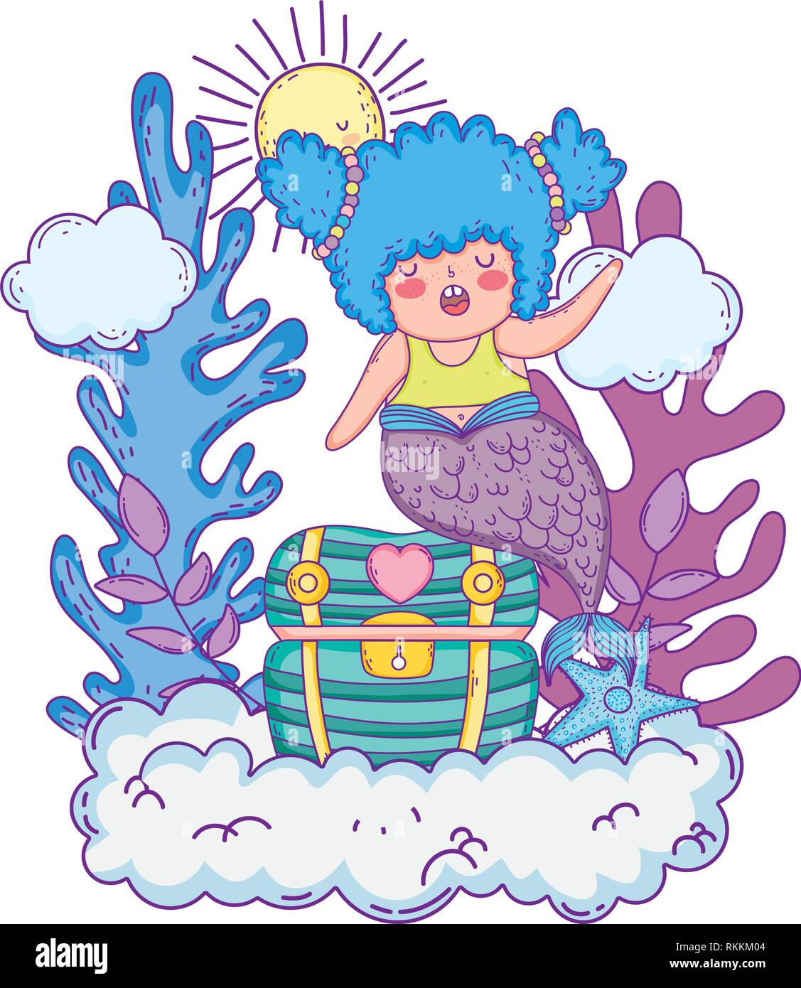 beautiful mermaid with treasure chest in clouds Stock Vector Image ...