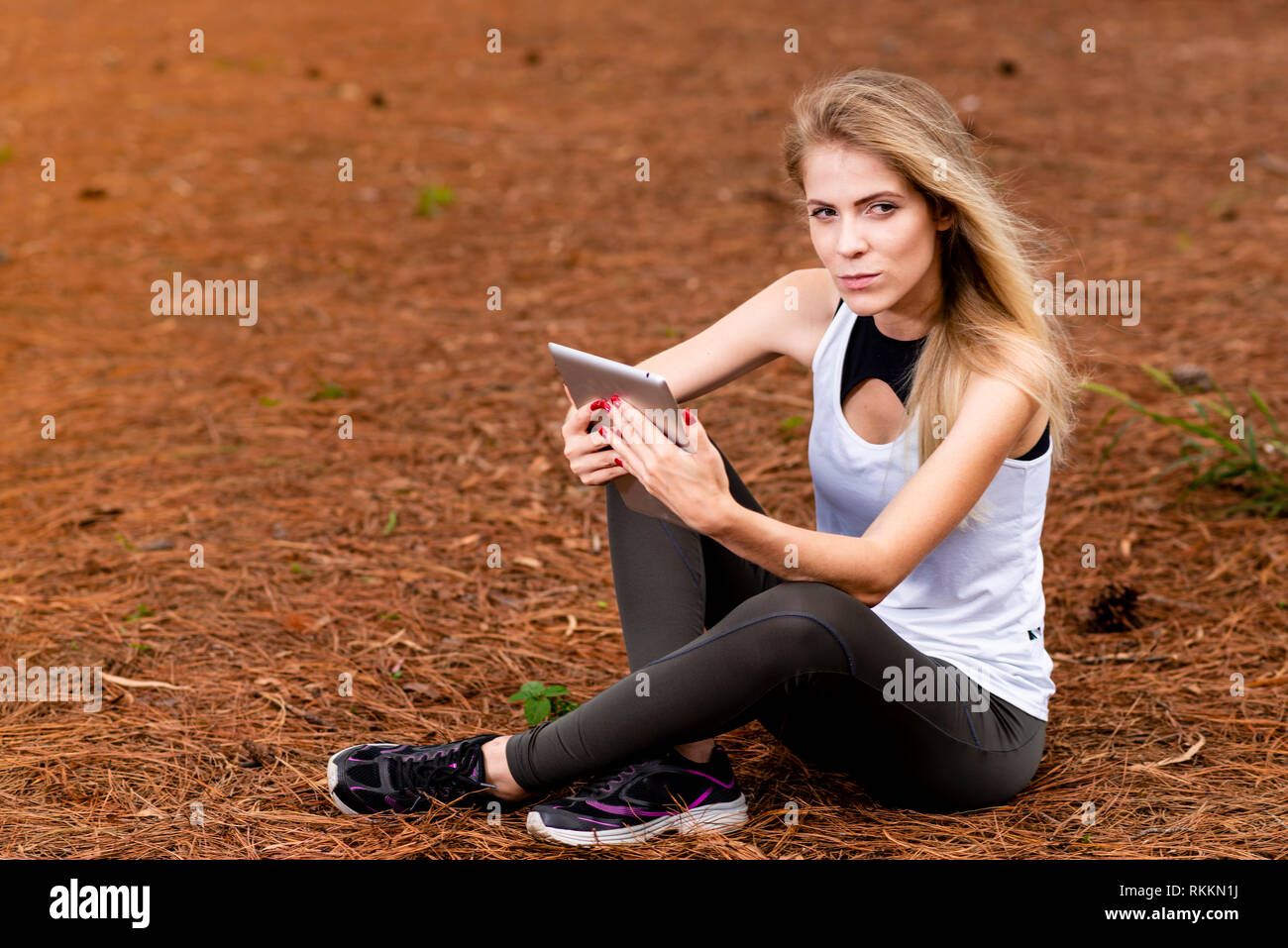Blonde model sitting on dry sticks reading on her tablet. Background ...