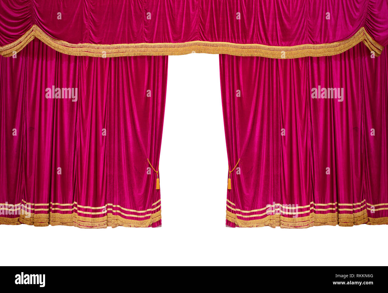 The red curtains are opening for the theater show. Isolated on white ...