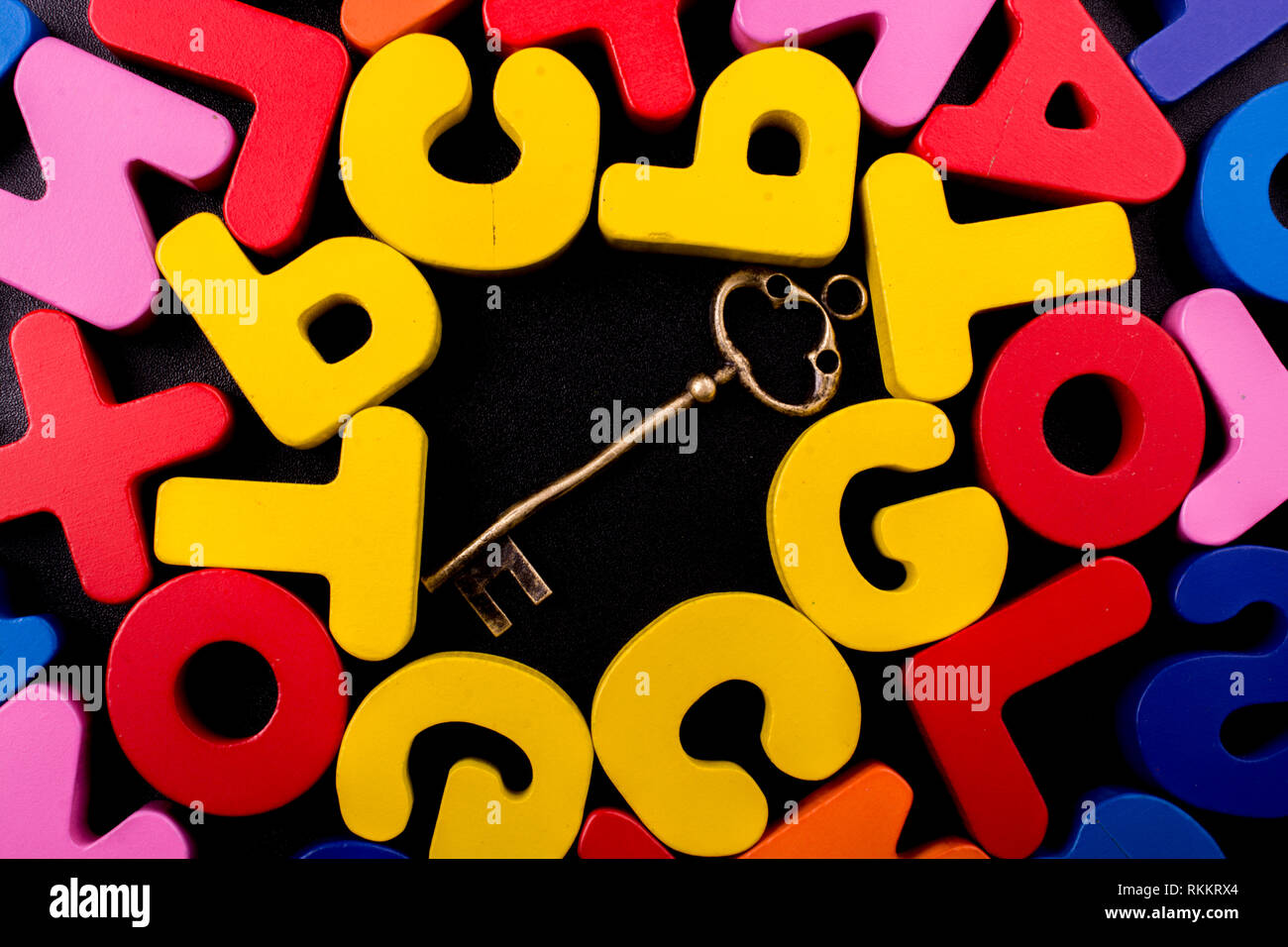 Retro key and Colorful Letters of Alphabet made of wood Stock Photo - Alamy