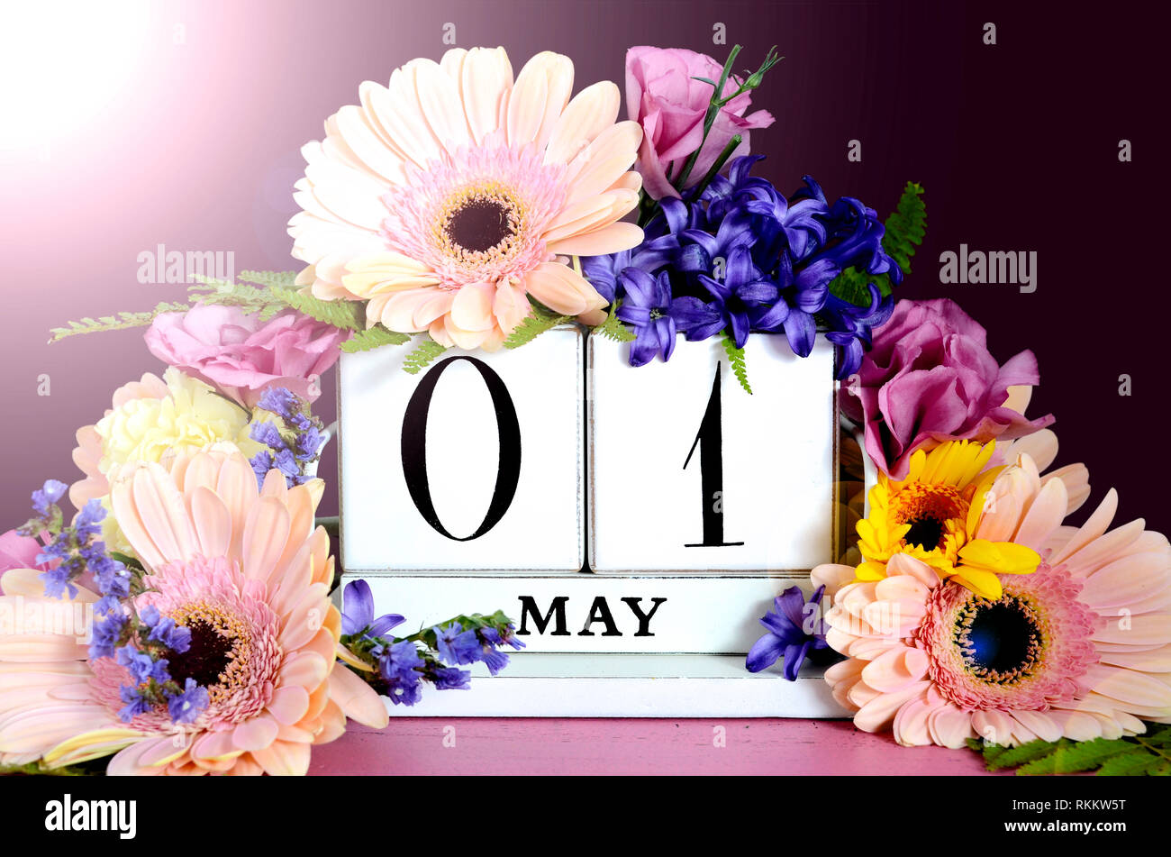 Happy May Day vintage wood calendar decorated with Spring flowers on ...