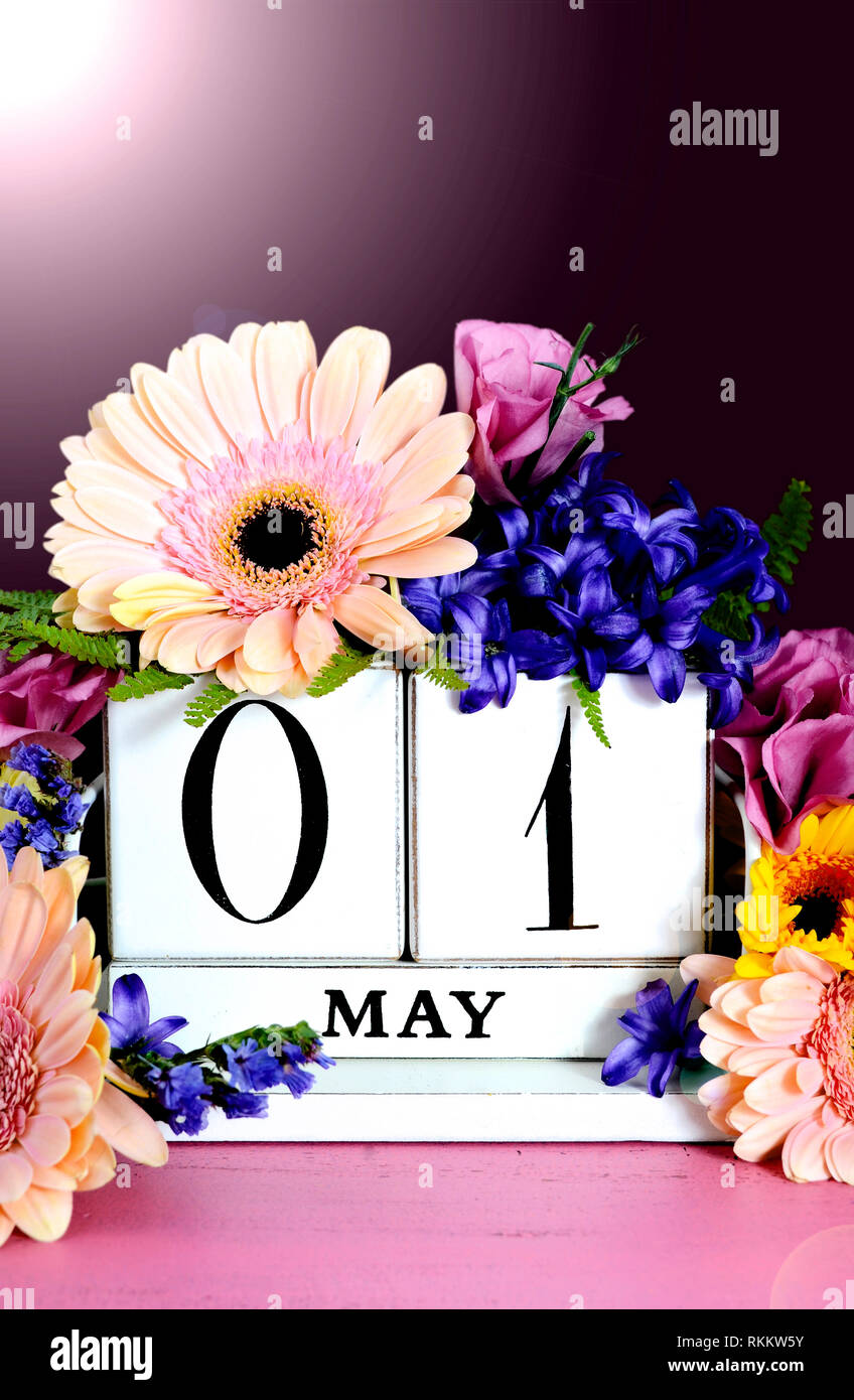 Happy May Day vintage wood calendar decorated with Spring flowers on ...