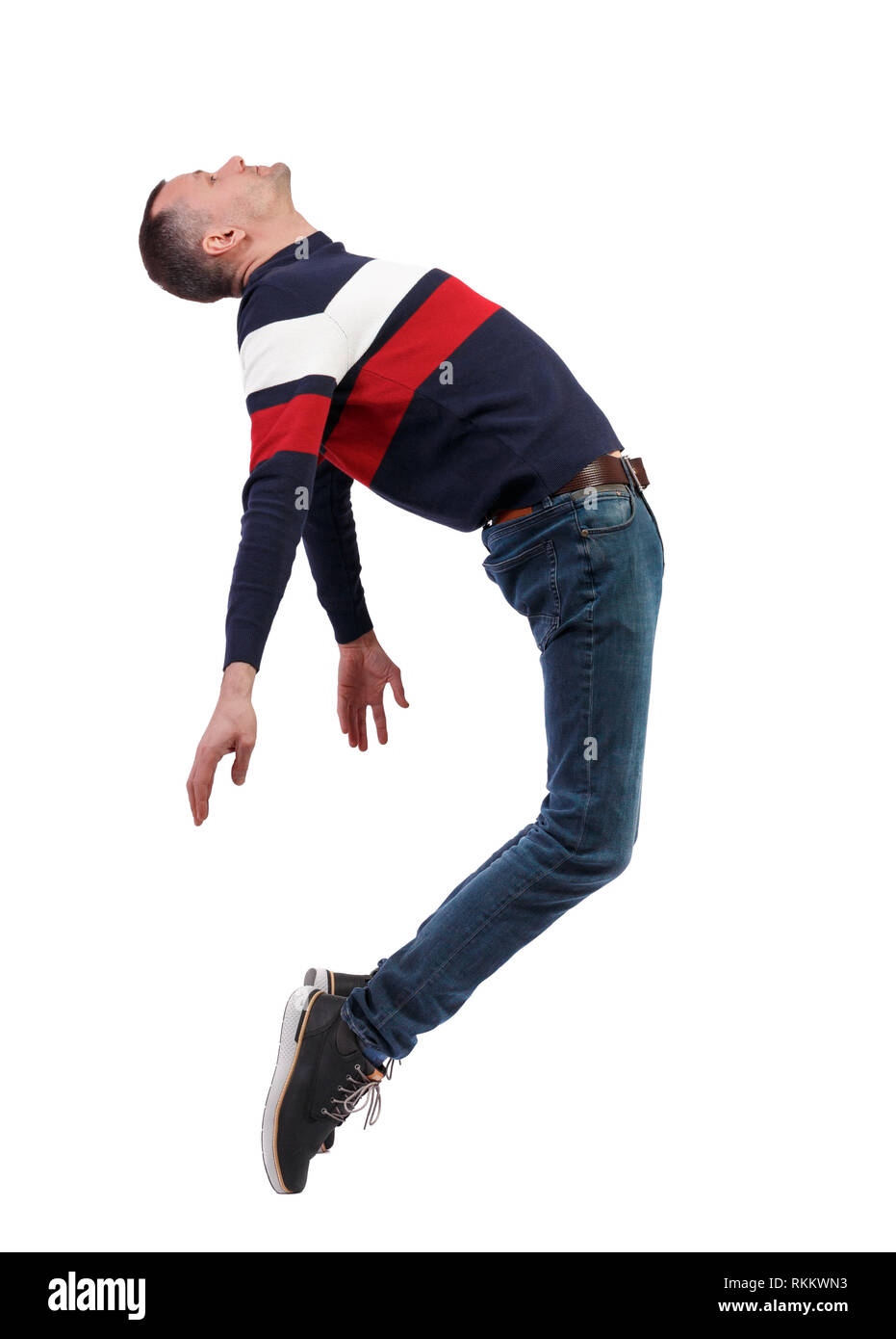 Side view of man in zero gravity or a fall. guy is flying, falling or ...